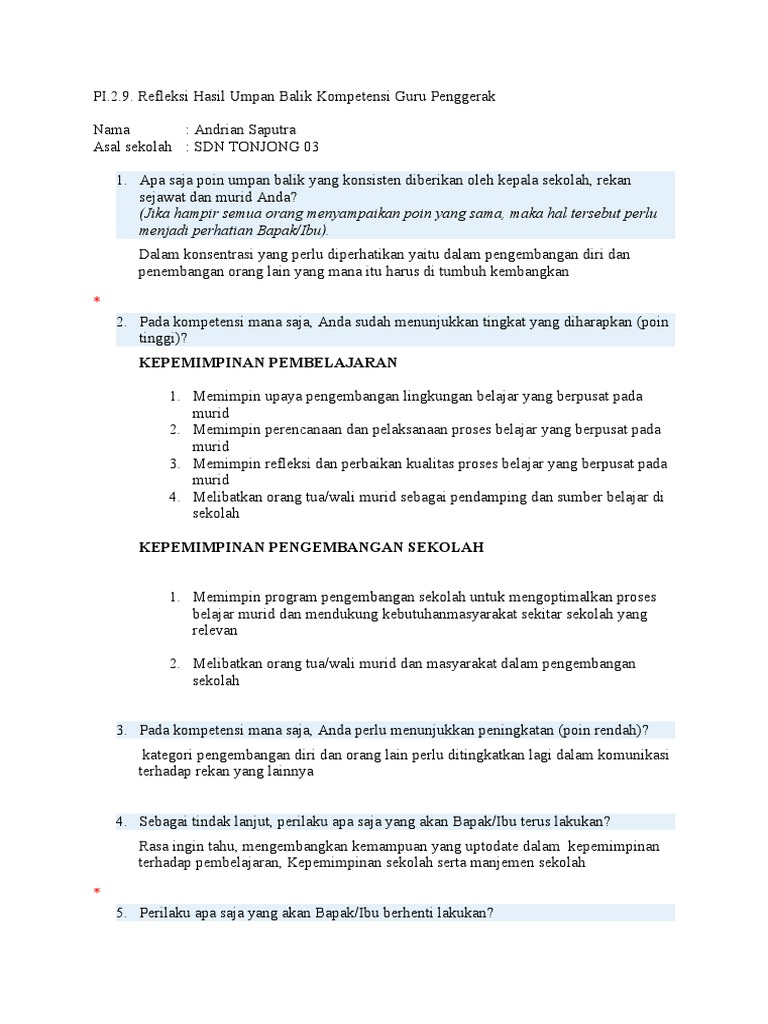 PI.2.9. Refleksi Hasil Umpan Balik Kompetensi Guru Penggerak | PDF PI.2.9. Refleksi Hasil Umpan Balik Kompetensi Guru Penggerak | PDF