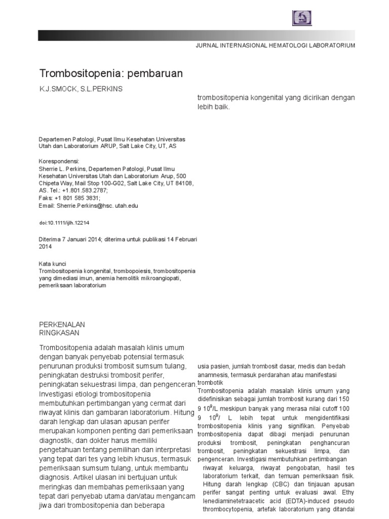 Translated Copy of Int J Lab Hematology - 2014 - Smock - Thrombocytopenia An Update | PDF