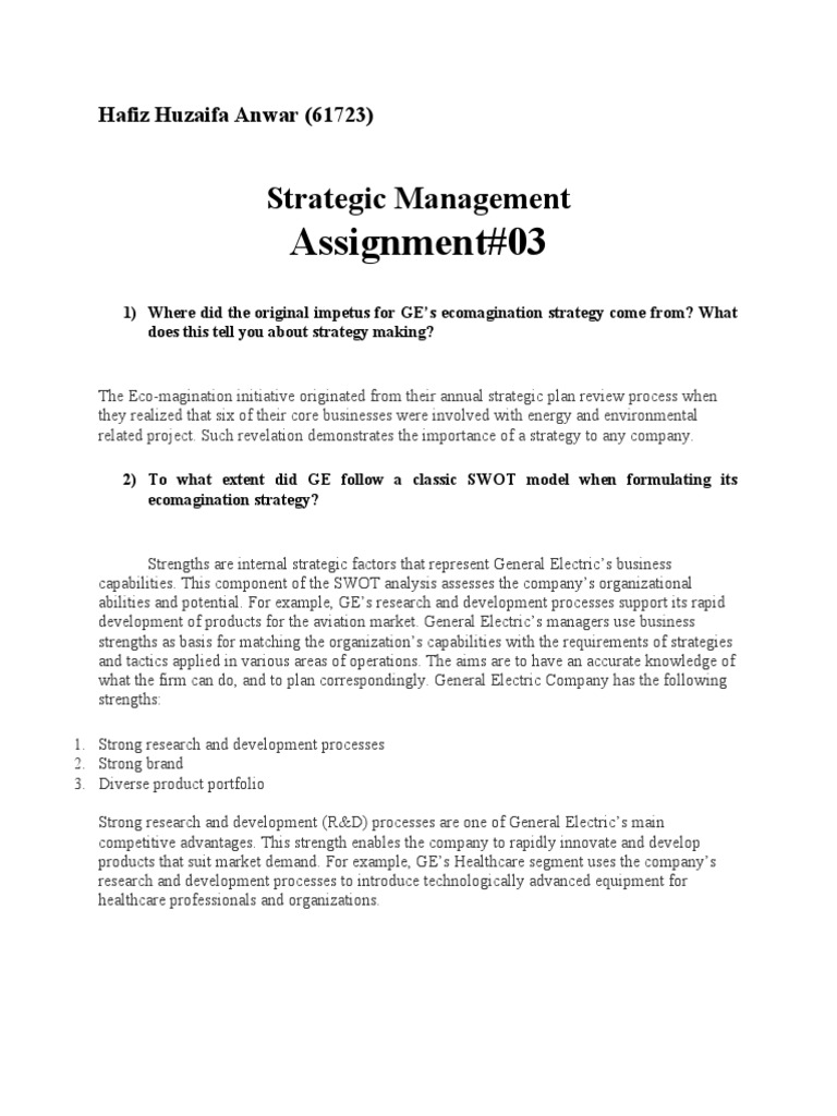 Hafiz Huzaifa Anwar (61723) Assg #03 | PDF | Swot Analysis | General Electric