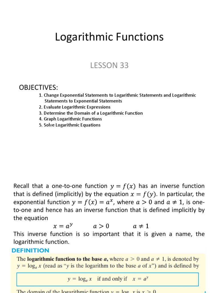 Lesson 33 Logarithmic Functions Pdf Function Mathematics Logarithm