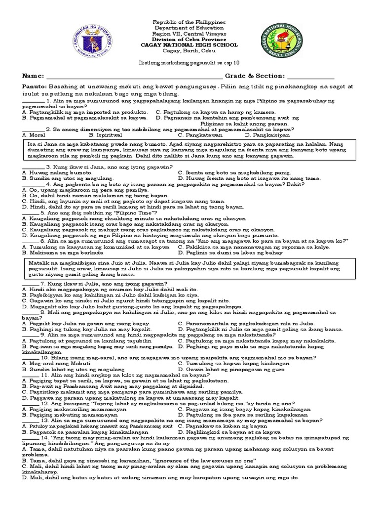 Third PERIODICAL TEST Esp 10 | PDF