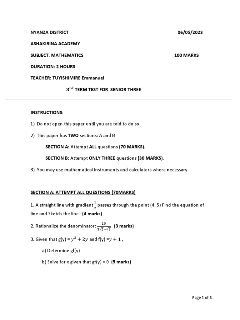 Maths Exam s3 3rd Term 11111 | PDF | Equations | Mathematics