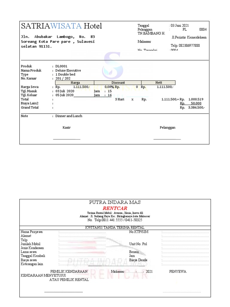 Nota Sewa Hotel dan Rental Mobil Makassar | PDF