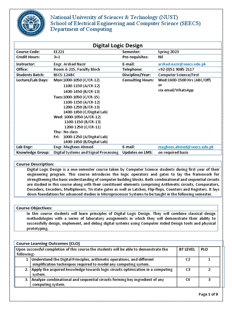 Updated Course Outline EE 221 - Digital - Logic - Design - Spring ...
