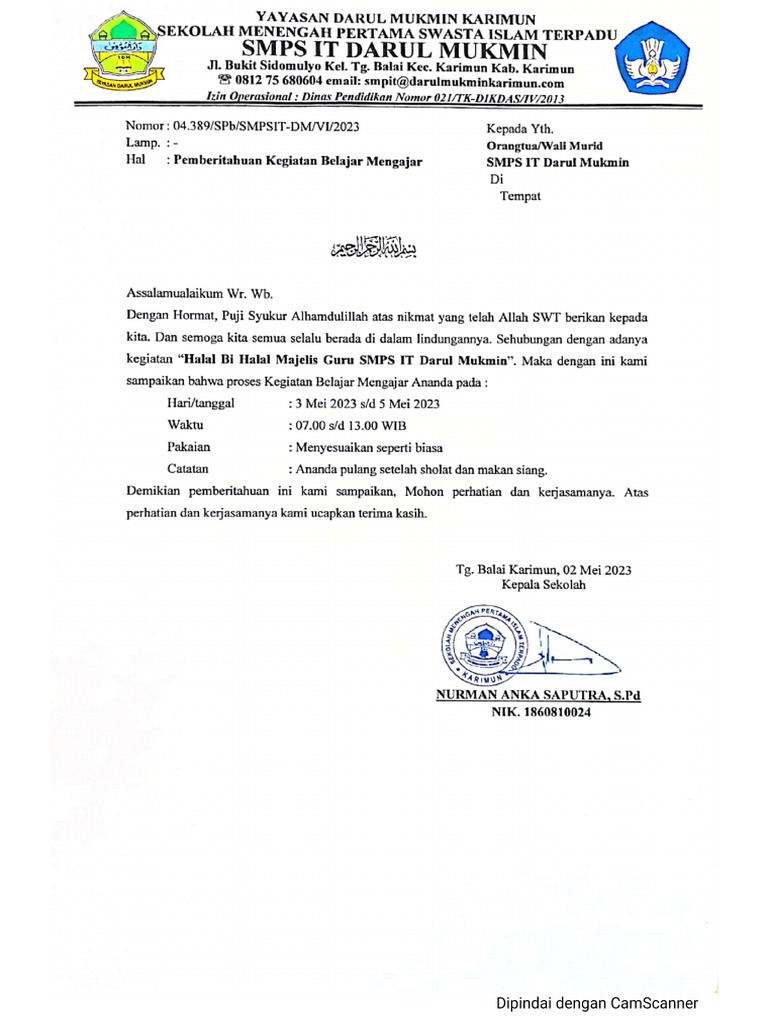 Surat Pemberitahuan Kegiatan Belajar Mengajar Sementara | PDF