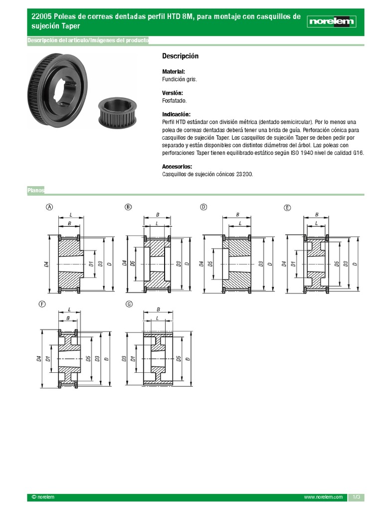 Datasheet 18241 Poleas de Correas Dentadas Perfil HTD 8M para Montaje Con Casquillos de Sujeci N ...