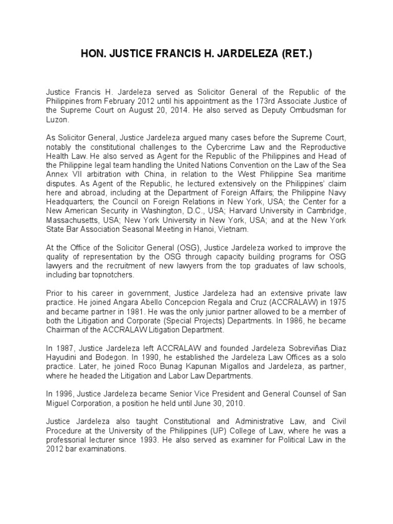 CV-Hon.-Justice-Francis-H.-Jardeleza-Ret. | PDF | Solicitor | Justice