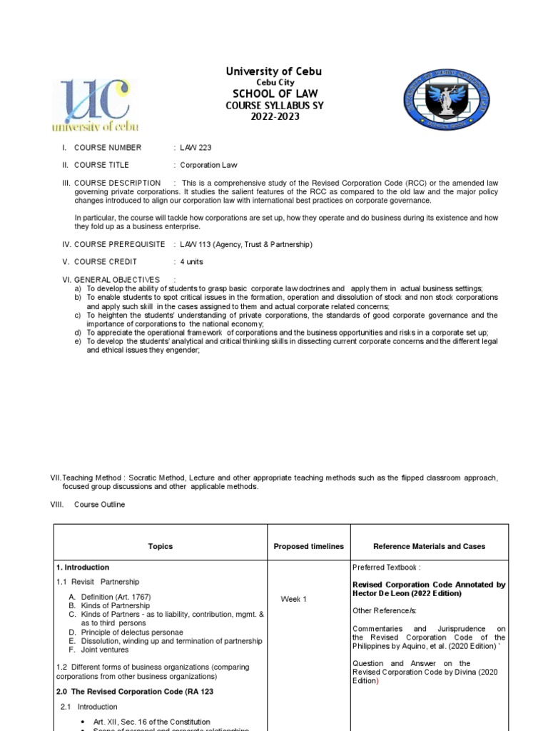 Final 2022 23 Corporation Law Course Syllabus For SY 2022 | PDF ...