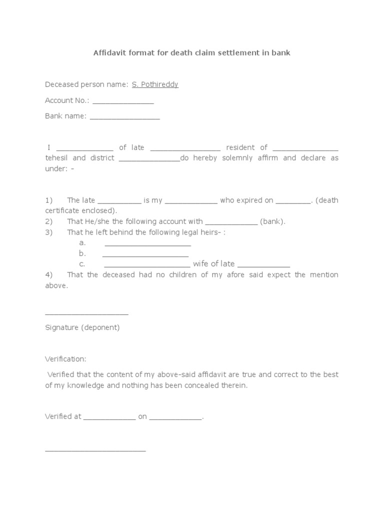 Death Claim Affidavit Format for Banks | PDF | Law