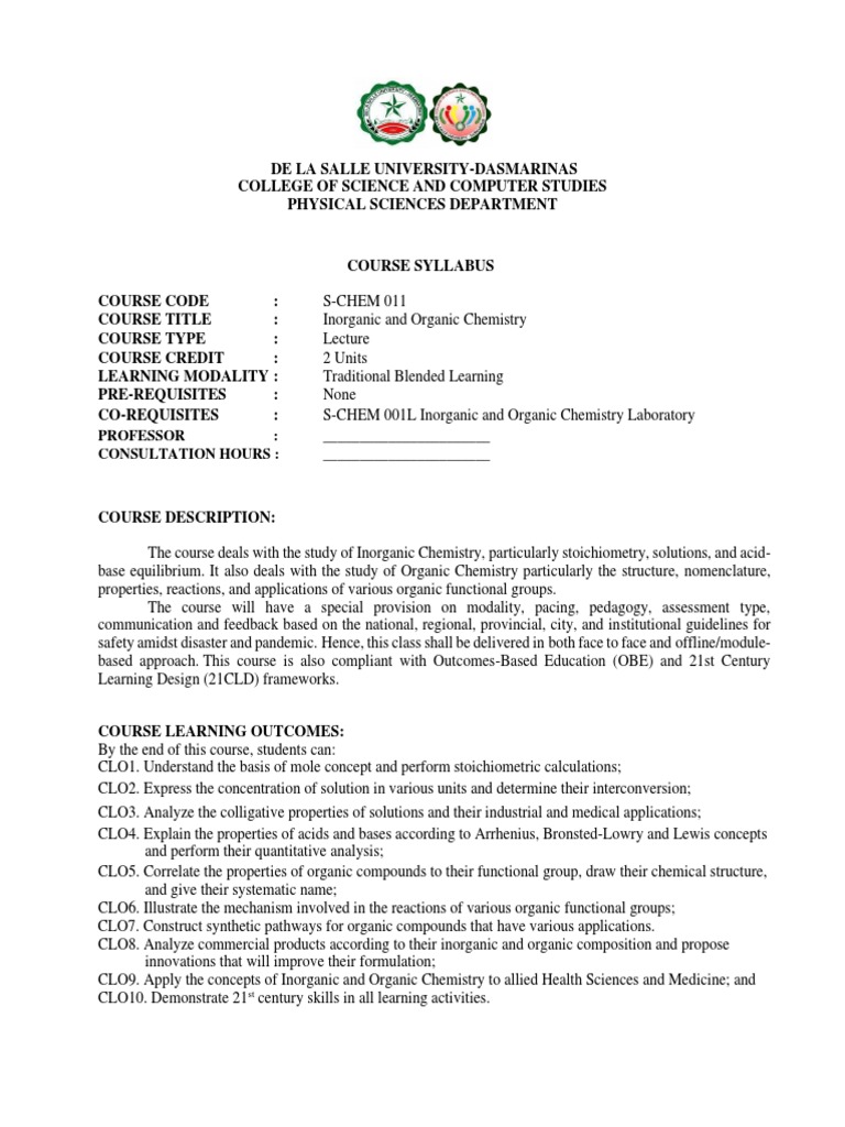 S CHEM011 Inorganic and Organic Chemistry Traditional | PDF | Organic ...