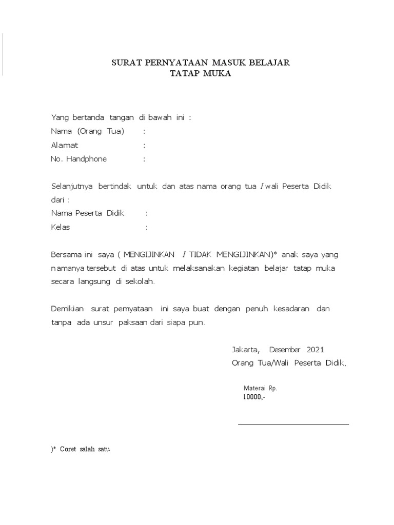 Surat Pernyataan KBM Tatap Muka | PDF