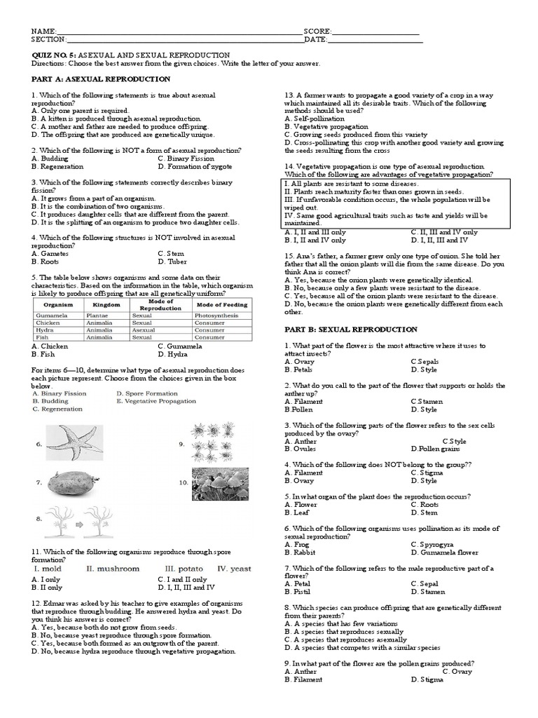 Asexual and Sexual Reproduction Quiz | PDF | Reproduction | Sexual ...