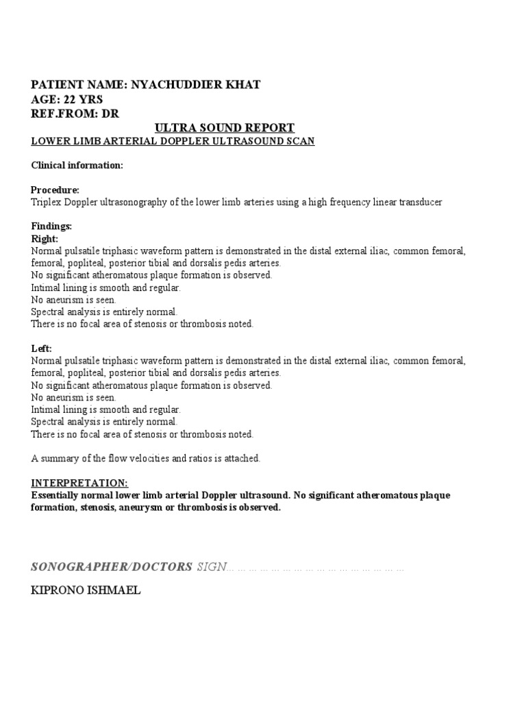 Normal Lower Limb Arterial Doppler Report | PDF