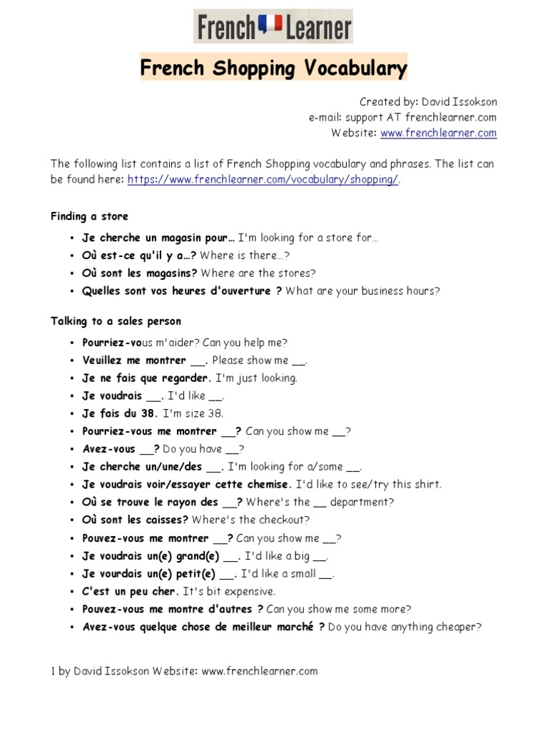 French Shopping Vocabulary | PDF