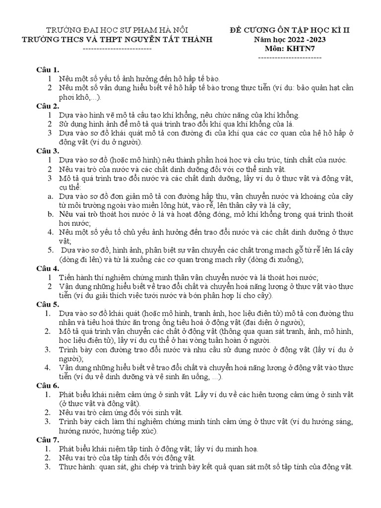 7. KHTN - Đề Cương HK2 | PDF