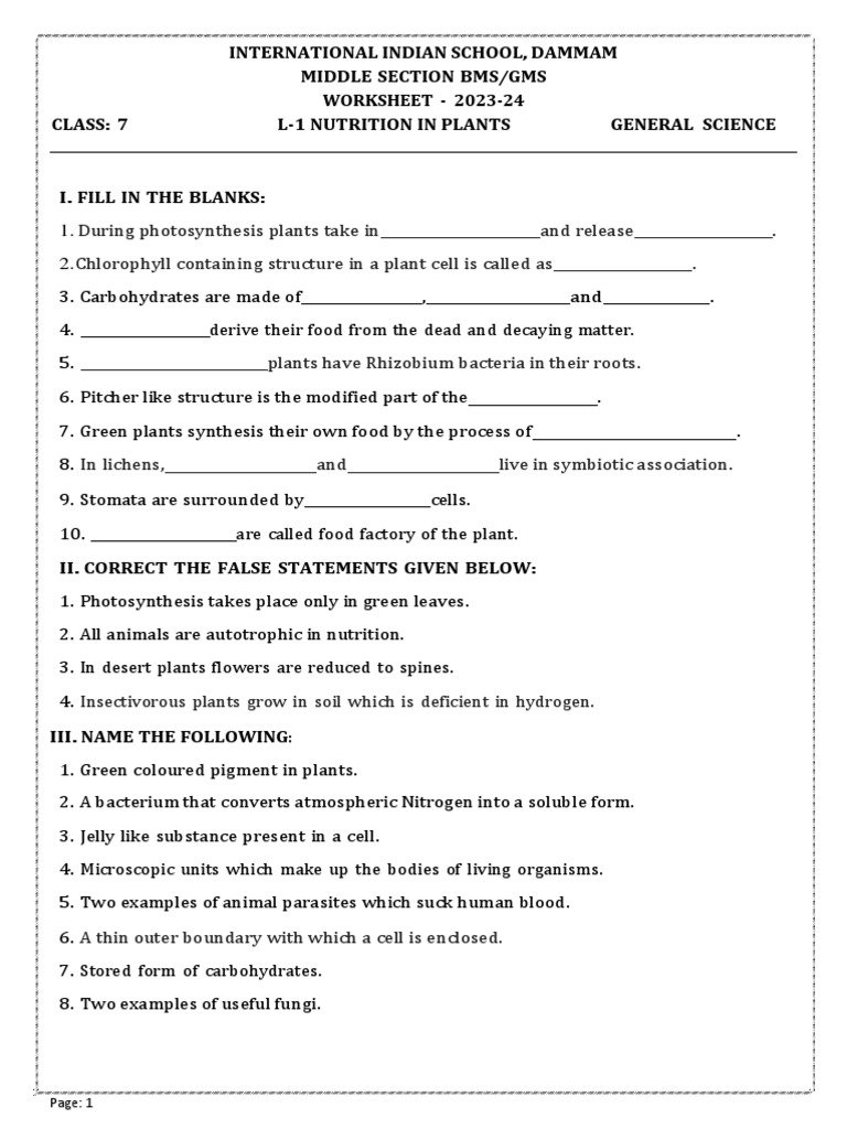 G7 L-1 Nutrition in Plants - Worksheet - 230520 - 115119 | PDF | Plants ...