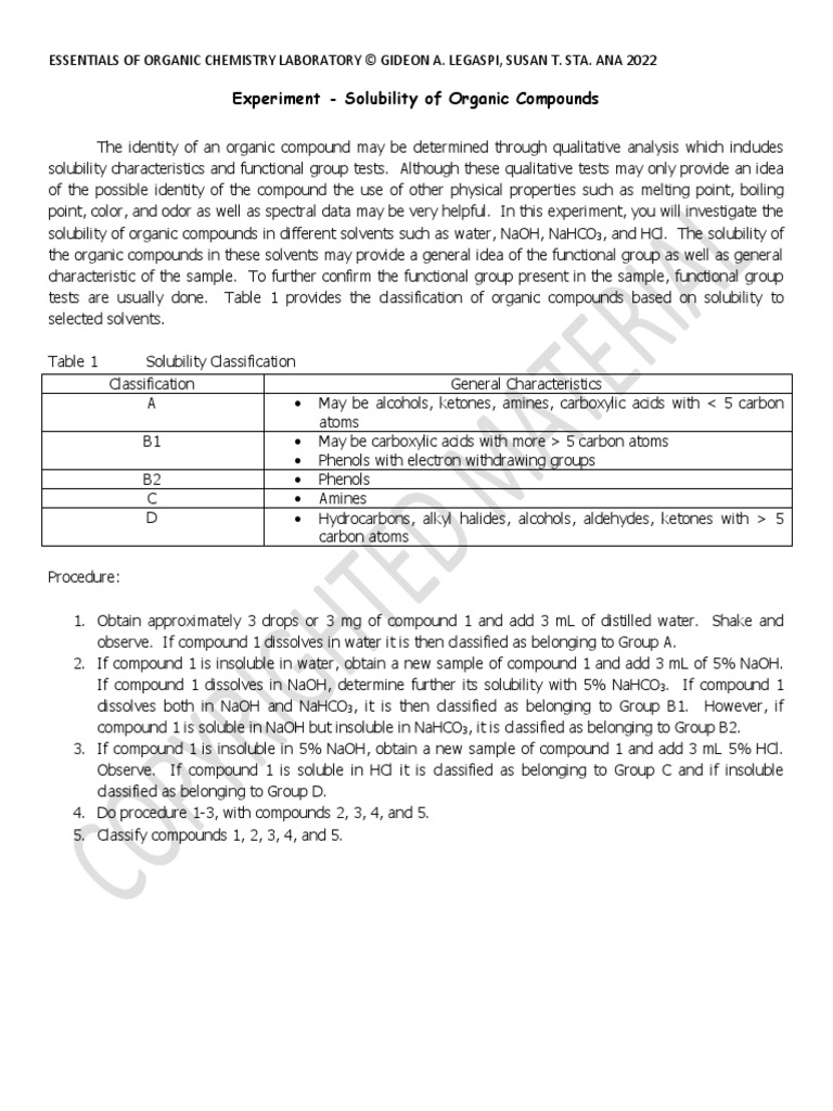 Expt On Solubility of Organic Compounds | PDF | Solubility | Organic Chemistry