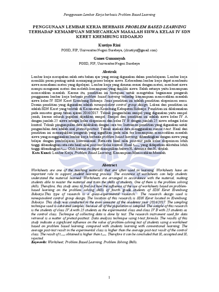 Penggunaan Lembar Kerja Berbasis Problem Based Learning Terhadap Kemampuan Memecahkan Masalah ...