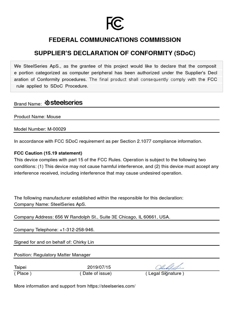 SteelSeries Mouse FCC SDoC Declaration | PDF