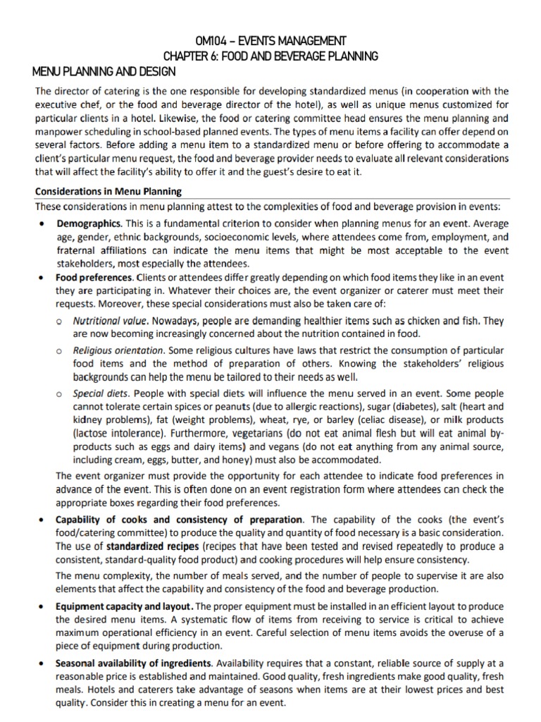 Chapter 6 - Food and Beverage Planning | PDF