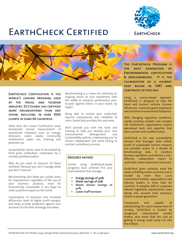 EarthCheck Certified Flyer | PDF | Sustainability | Tourism