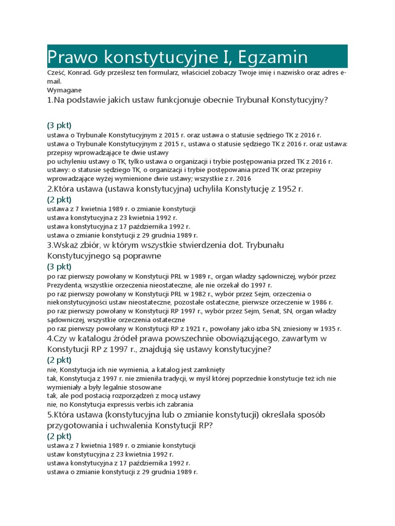 Prawo Konstytucyjne I - Egzamin | PDF