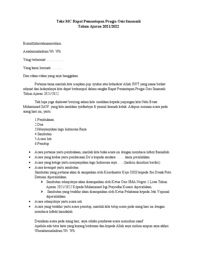 Teks MC Rapat Pemantapan Progja Osis Smansali Salinan-2 | PDF