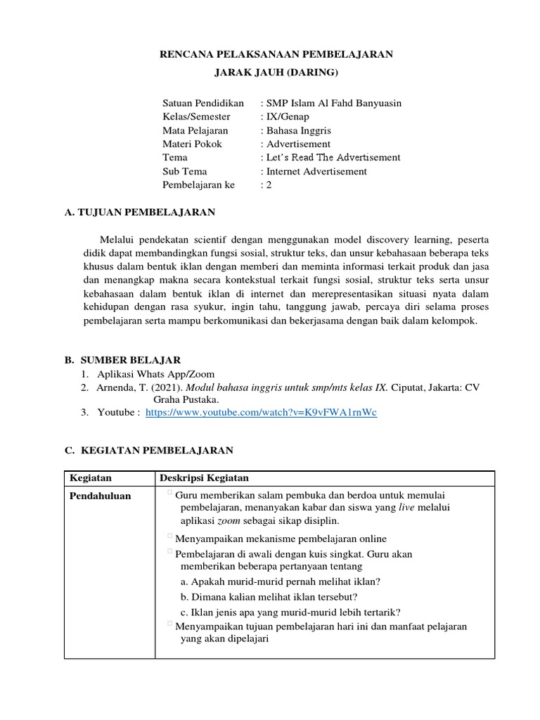 Rpp Bahasa Inggris Berdiferensiasi Dan Kse | PDF