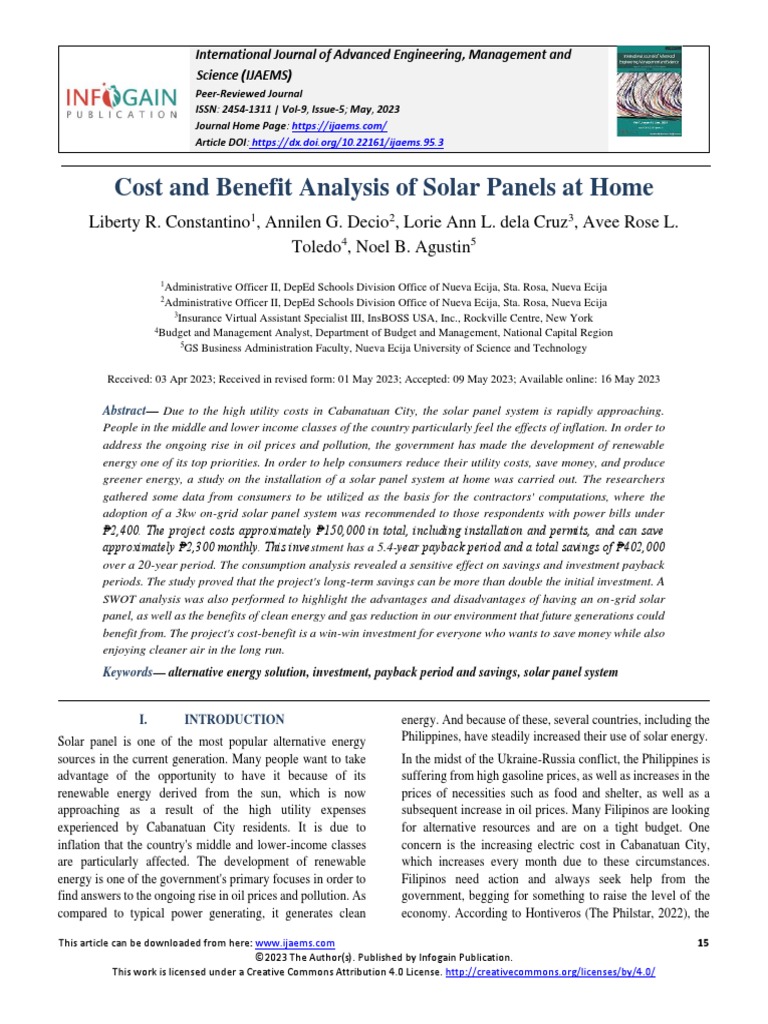 Cost and Benefit Analysis of Solar Panels at Home | PDF | Solar Power ...
