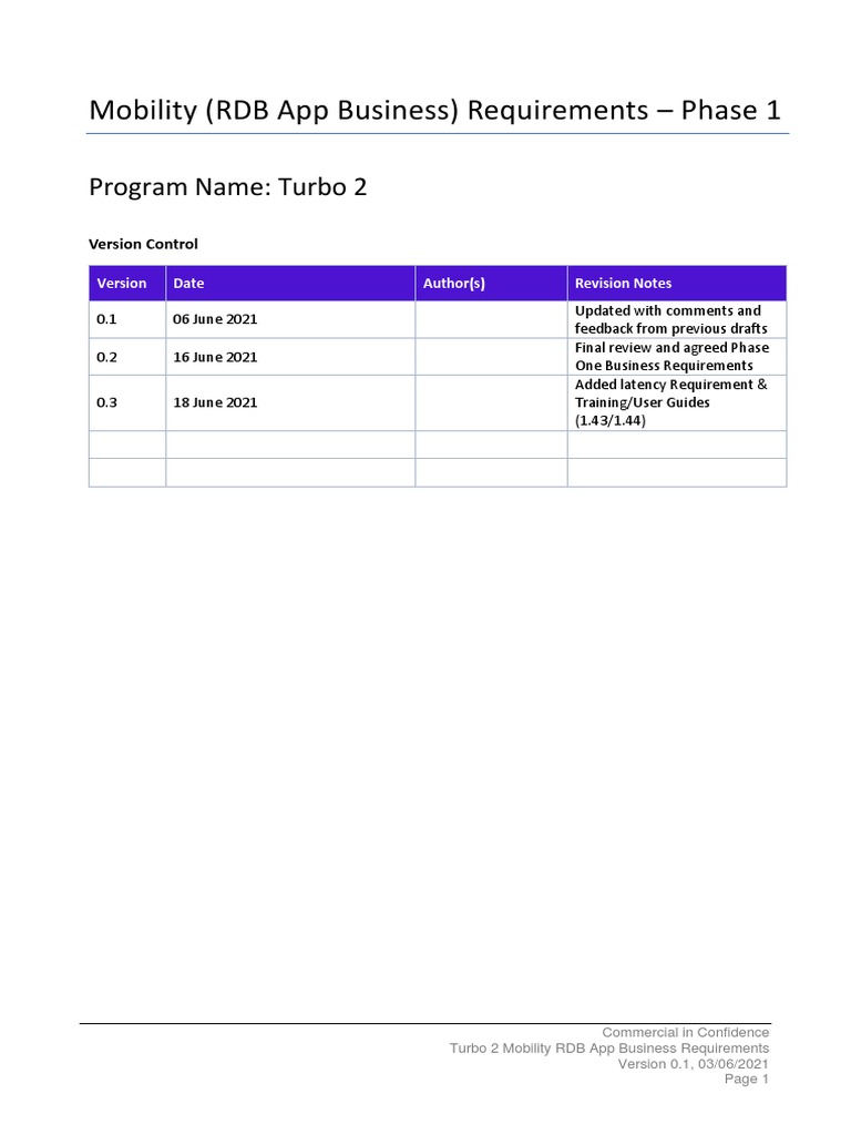 Turbo 2 - Mobility (RDB App Business) Requirements - Phase 1 v3 | PDF ...