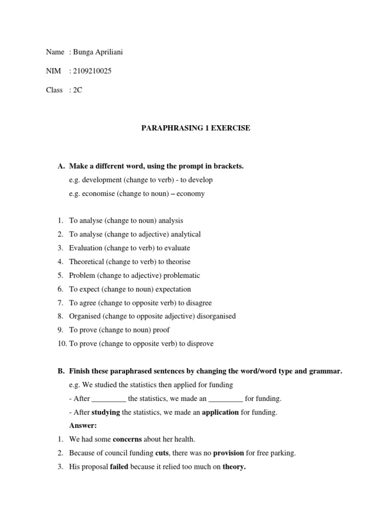 Paraphrasing 1 Exercise - Bunga Apriliani | PDF | Word | Statistics