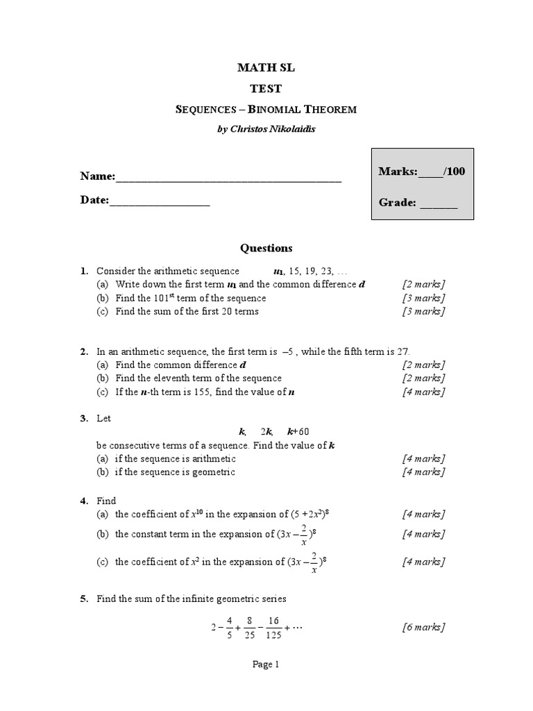 TEST 1. Sequences-Binomial Theorem (2013) | PDF | Sequence ...