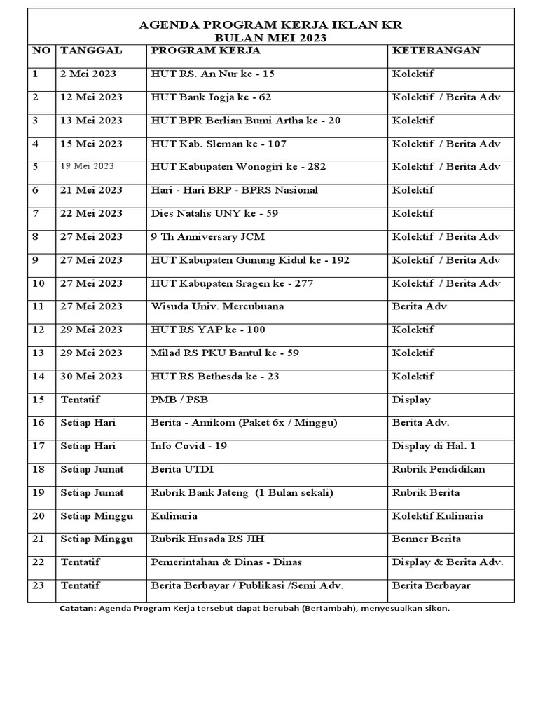 Agenda Program Kerja Iklan Bulan Mei 2023 | PDF