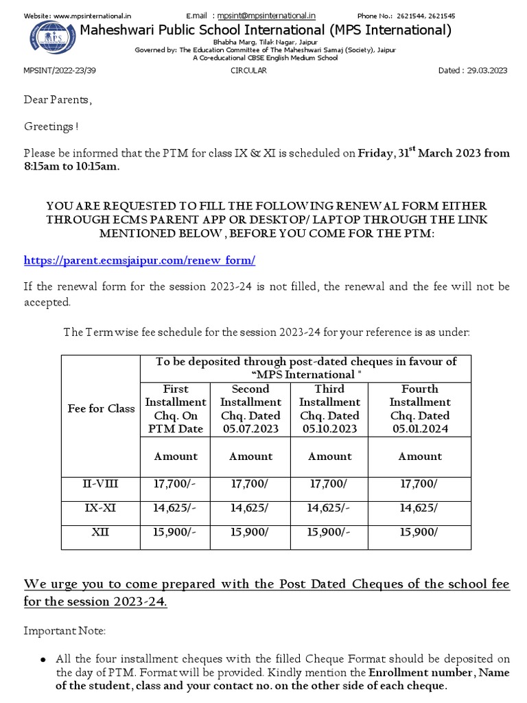 Class 9 and 11-ptm Circular | PDF | Cheque | Services (Economics)