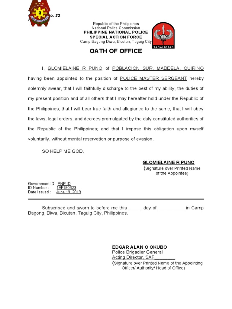 Oath of Office for Police Master Sergeant | PDF