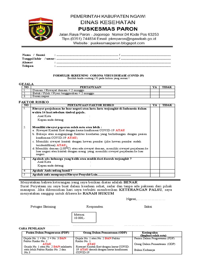 Formulir Skrining Covid-19.Docx New | PDF
