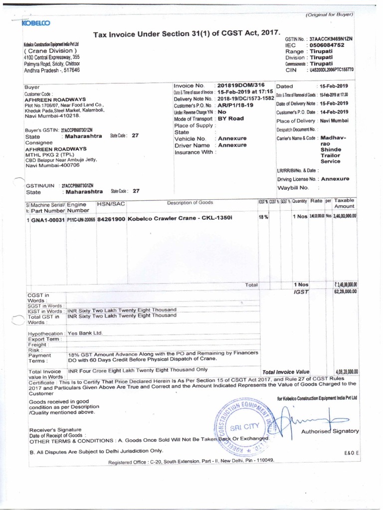 Kobelco Ckl1350i Gna-31 Tax Invoice | PDF