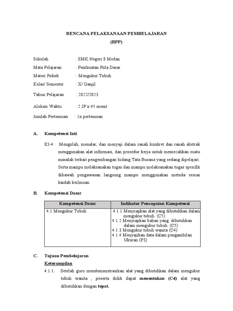 Rencana Pelaksanaan Pembelajaran Pratek Pengambilan Ukuran - Intan | PDF