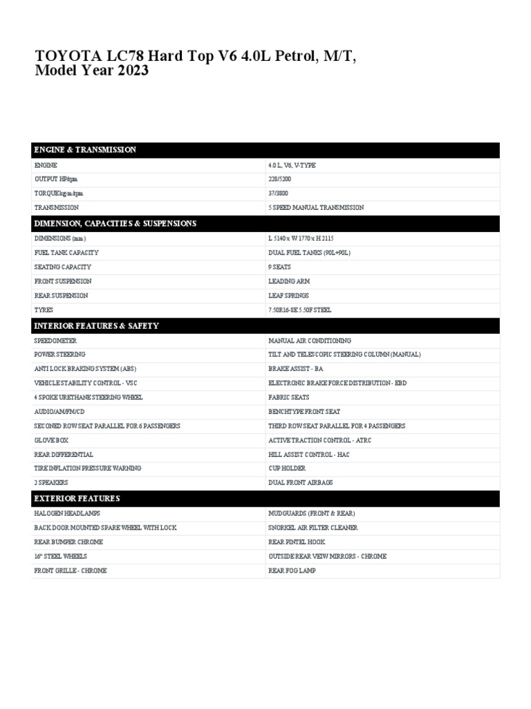 Toyota Land Cruiser LC78 4.0L Petrol Technical Specs | PDF | Technology ...