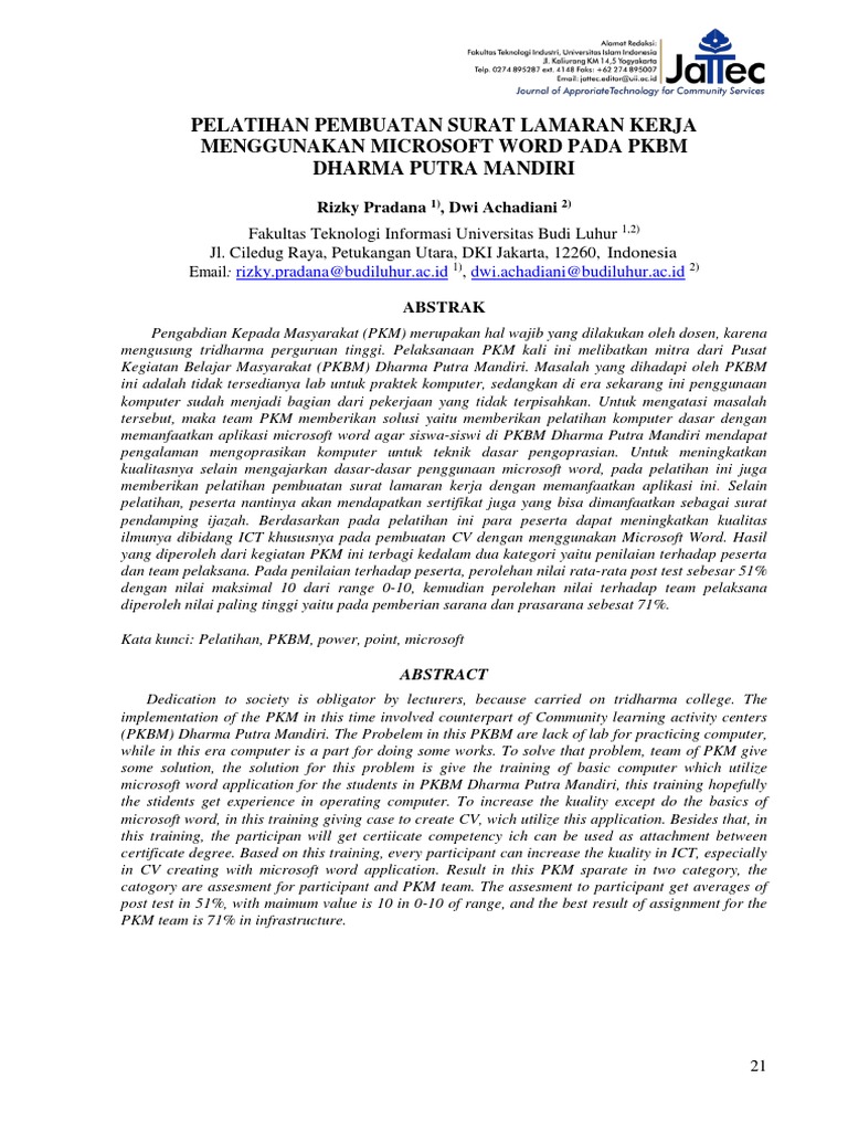 Pelatihan Pembuatan Surat Lamaran Kerja Menggunakan Microsoft Word Pada PKBM Dharma Putra ...
