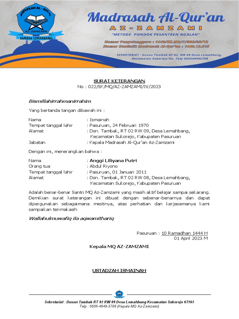 Surat Keterangan TPQ | PDF