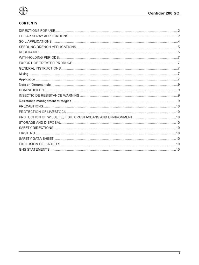 Confidor 200 SC Product Label | Download Free PDF | Insecticide | Pest ...