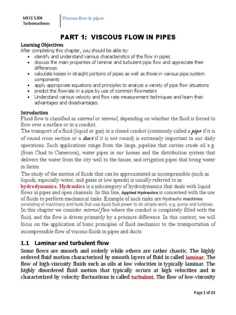 PART 1 VISCOUS Flow in Pipes 113837 | PDF | Fluid Dynamics | Reynolds Number
