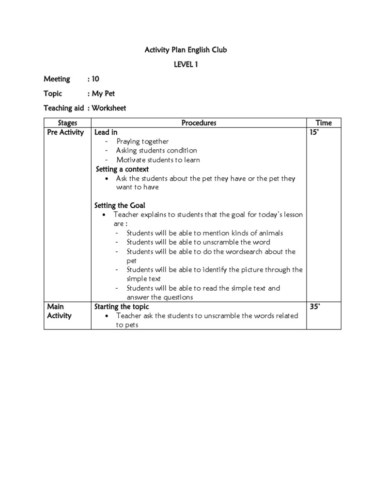 Activity Plan English Club Level 1 Meeting 10 Sem 2 | PDF