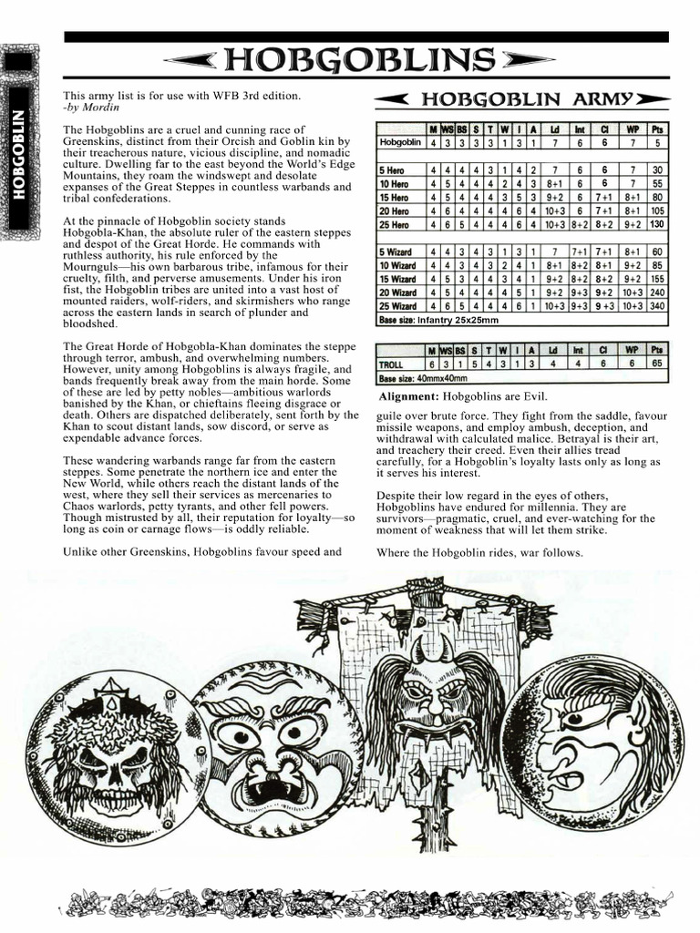 Hobgoblin Army List For Warhammer 3rd Edition | PDF