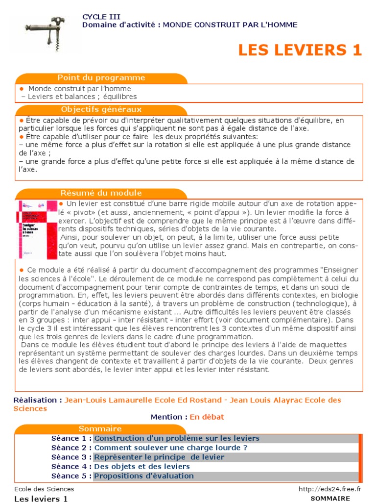 Comprendre les leviers en classe | PDF | Levier (mécanique) | Balance ...