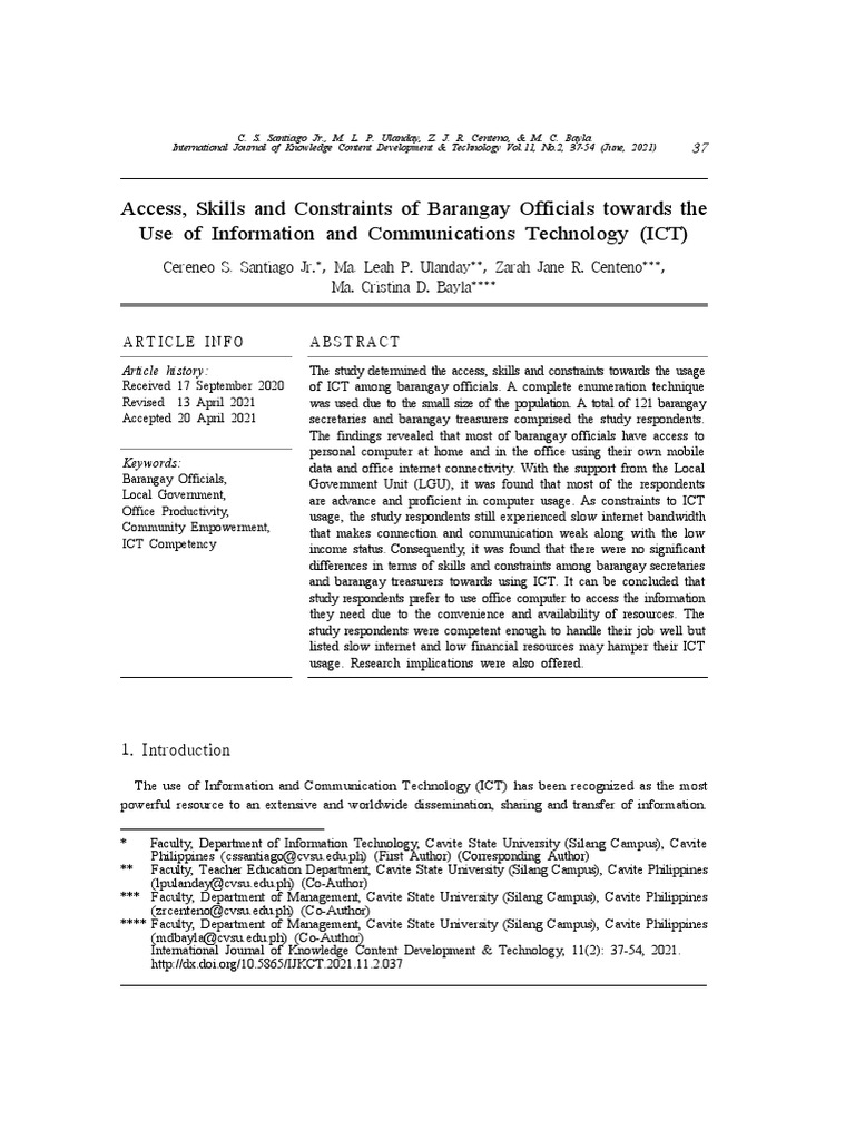 Access Skills And Constraints Of Barangay Officials Towards The Use Of Information And