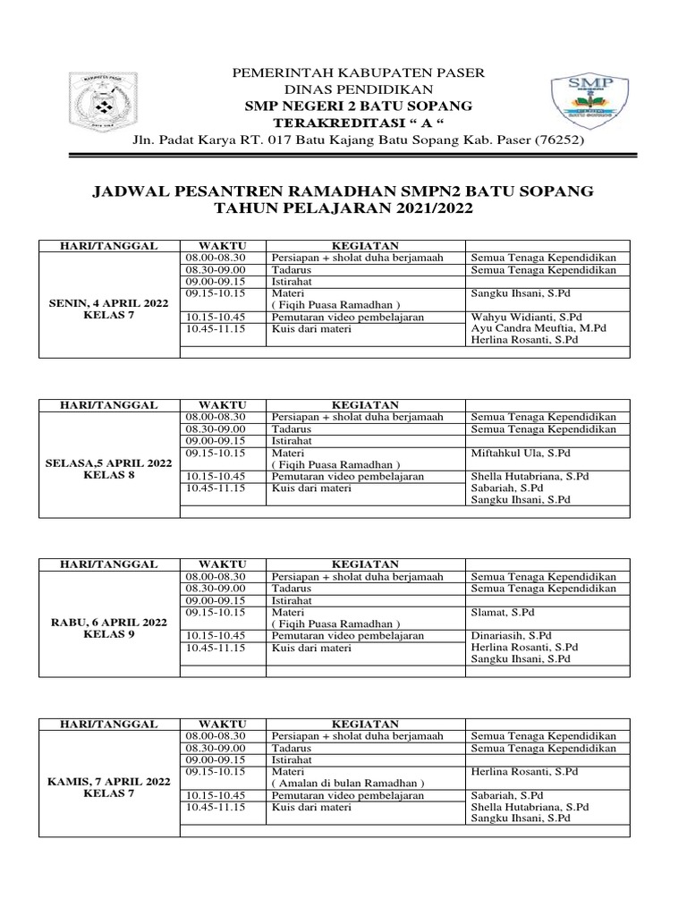 Jadwal Pesantren Ramadhan 1443 H | PDF