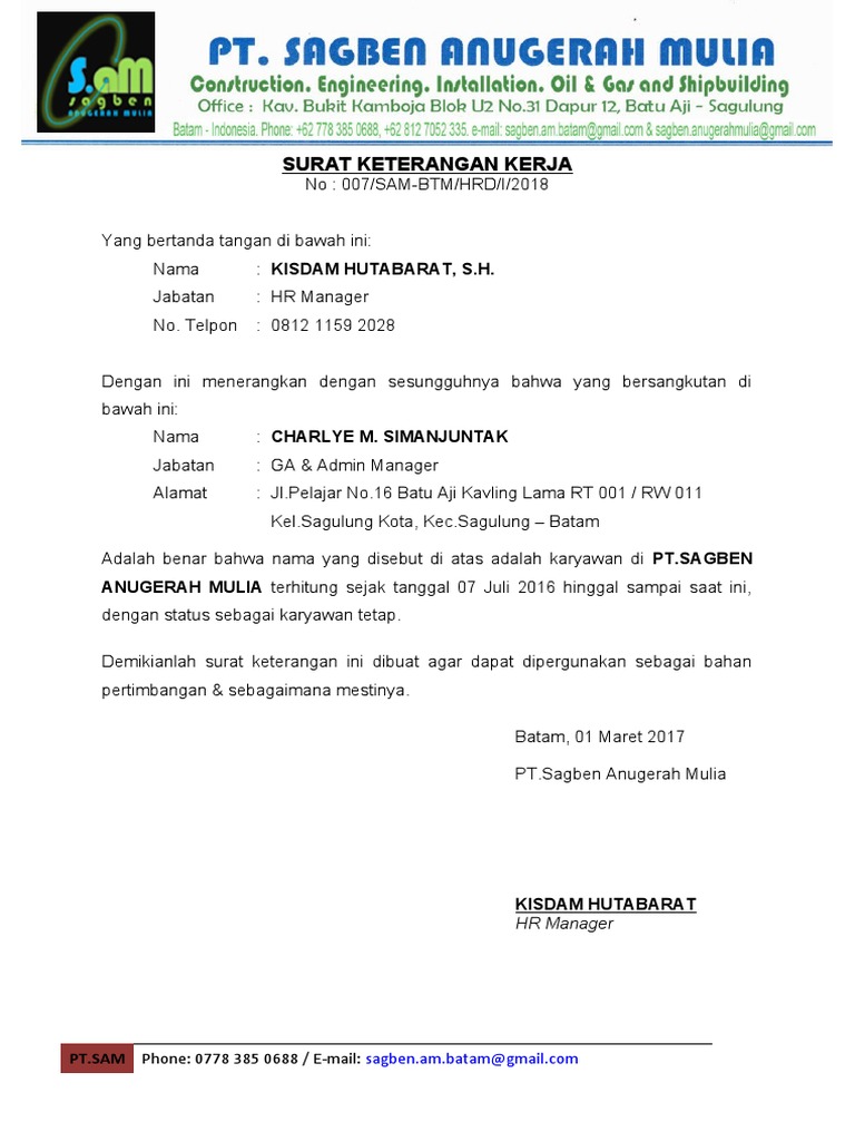 Surat Keterangan Kerja Karyawan - 2 | PDF