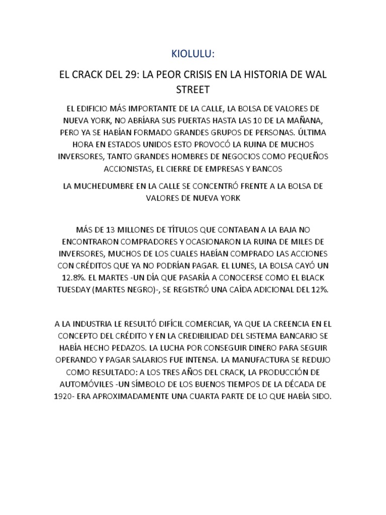 El Crack Del 29 | PDF | Accidente de Wall Street de 1929 | Viajes por ...